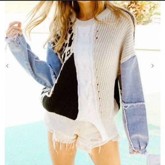 BiBi | Sweaters | Bibi Denim Animal Print Patchwork Knit Sweater ...